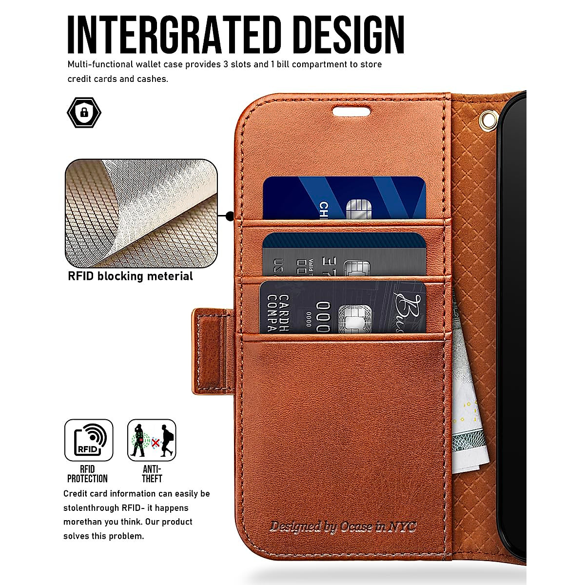 OCASE Compatible with iPhone 15 Pro Wallet Case, PU Leather Flip Folio Case with Card Holders RFID Blocking Kickstand [Shockproof TPU Inner Shell] Phone Cover 6.1 Inch 2023, Retro Brown