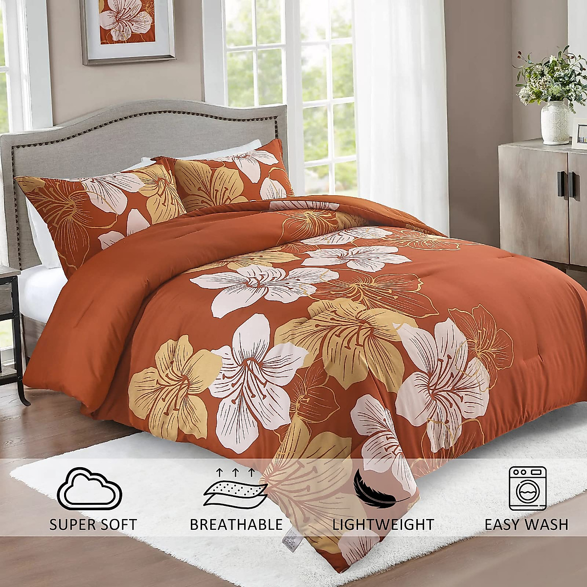 Menghomeus Terracotta Comforter Set King Gold Floral Bedding Burnt Orange Botanical Bedding Sets Lightweight Thanksgiving Bed Comforter Set (1 Comforter, 2 Pillowcases)