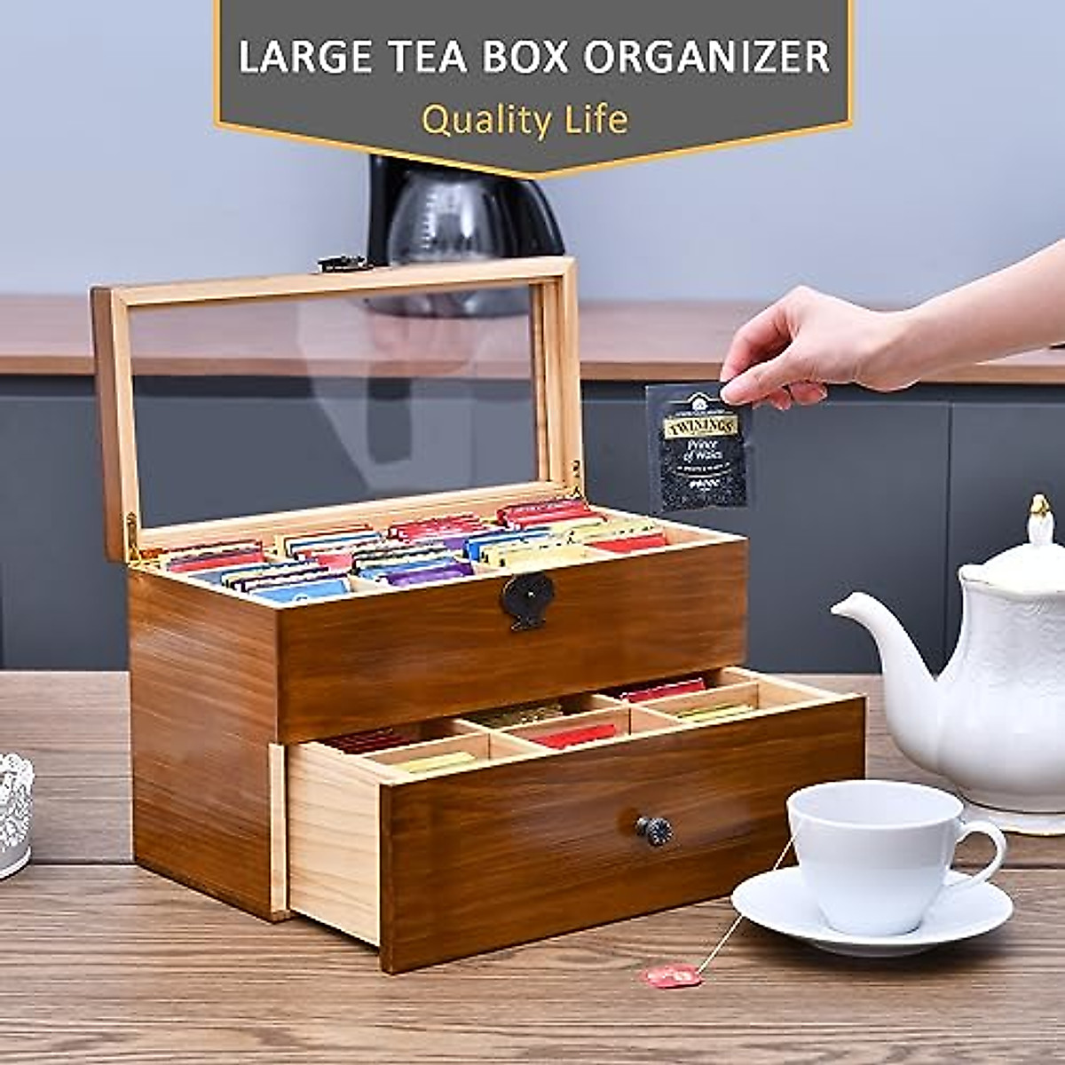 WELLAND Tea Box for Tea Bags Organizer, Tea Storage Chest with Clear Acrylic Window, 2-layer 14 Compartments Large Tea Organizer, Gift Idea