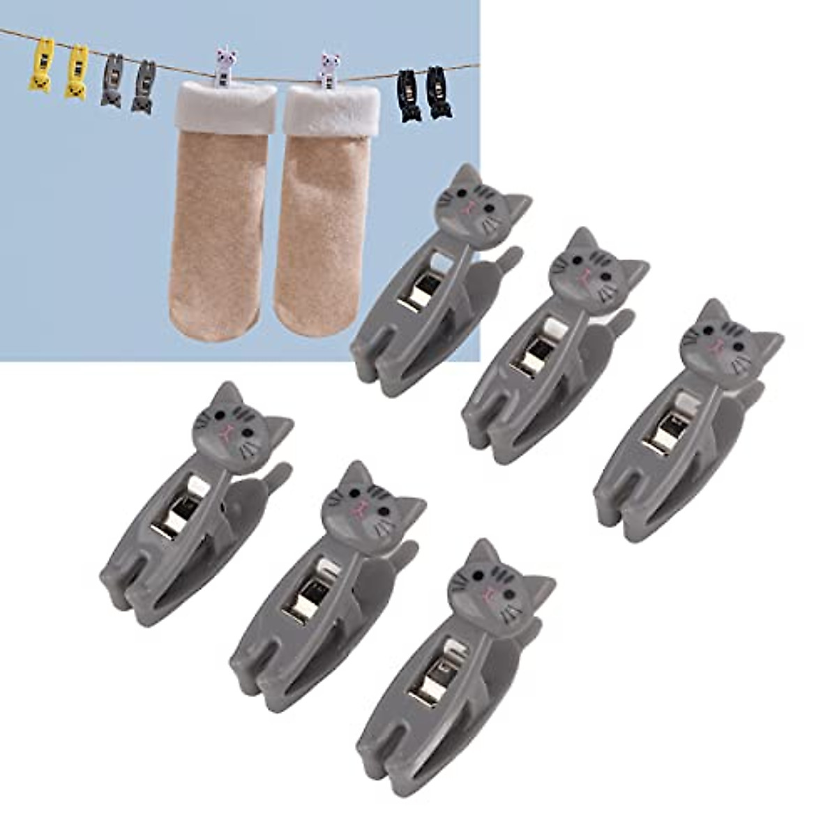 Cat Design Chip Clips, 6pcs Plastic Chip Bag Clip Kitchen Clips Multifunctional Small Clips for Bread Bag, Potato Chip Bag Clothesline Clip(Grey)