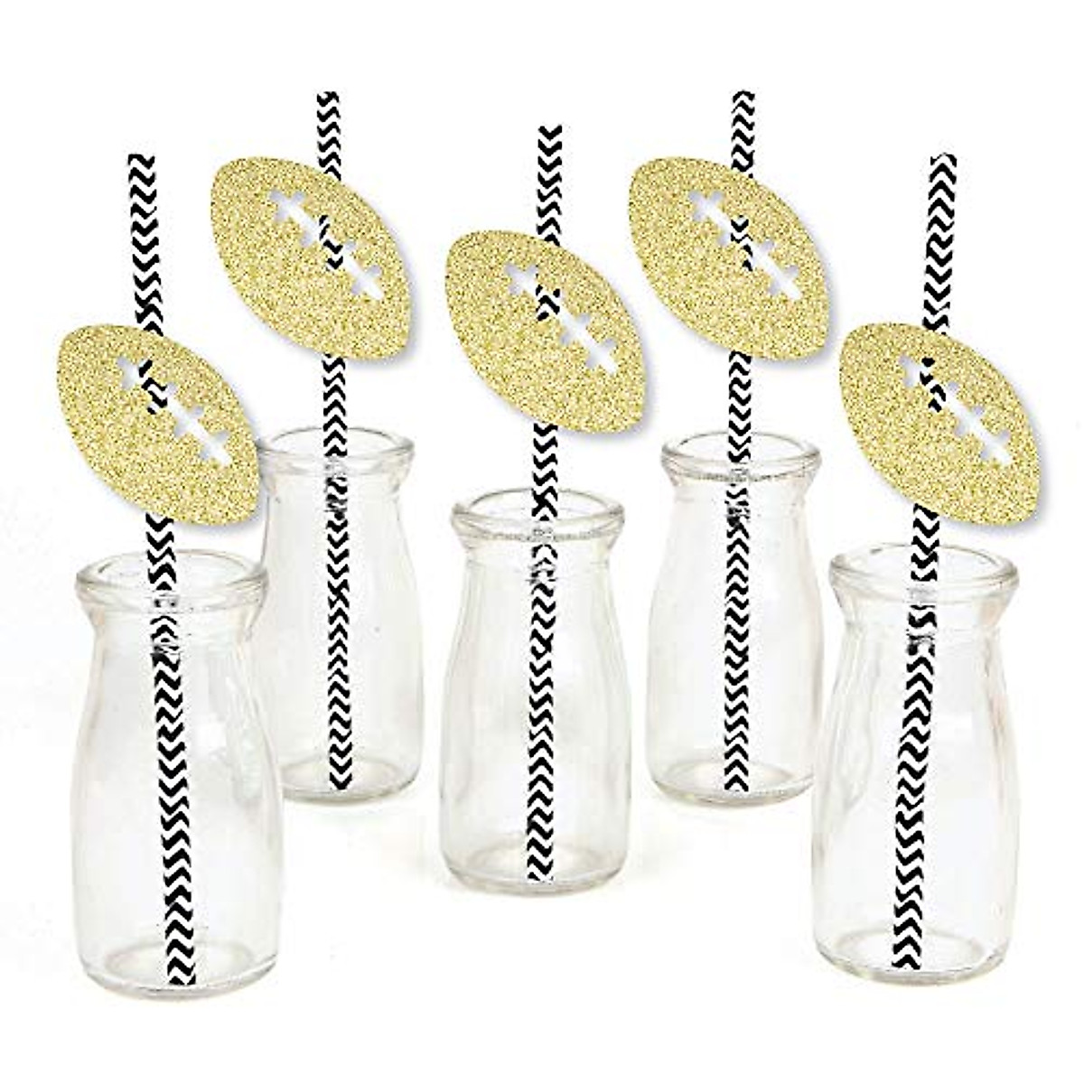 Gold Glitter Football Party Straws - No-Mess Real Gold Glitter Cut-Outs and Decorative Baby Shower or Birthday Party Paper Straws - Set of 24