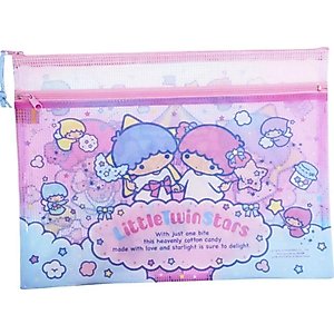 Little Twin Stars Double-Deck Zipper Folder A4 Paper Document File Case F4 Vinyl Pouch with Mesh