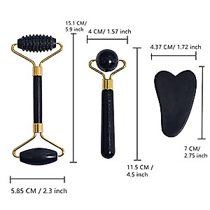 NuAngela Jade Roller 100% Real Jade Gua Sha Tool, Facial Eyes Treatment Pens And Rollers, Face Body Massage Board, Anti Aging Skin Care Tools For Women and Men, Beauty Ice Massager For Muscle, Neck, Arm (Massage Set Black)