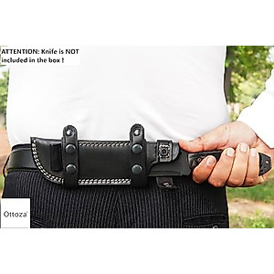 Ottoza Handmade Leather Knife Sheath RIGHT HAND Bushcraft Knife Sheath - Hunting Knife Sheath - Survival Knife Sheath - Fixed Blade Knife Sheath Horizontal Carry Black TOP GRAIN LEATHER No:158