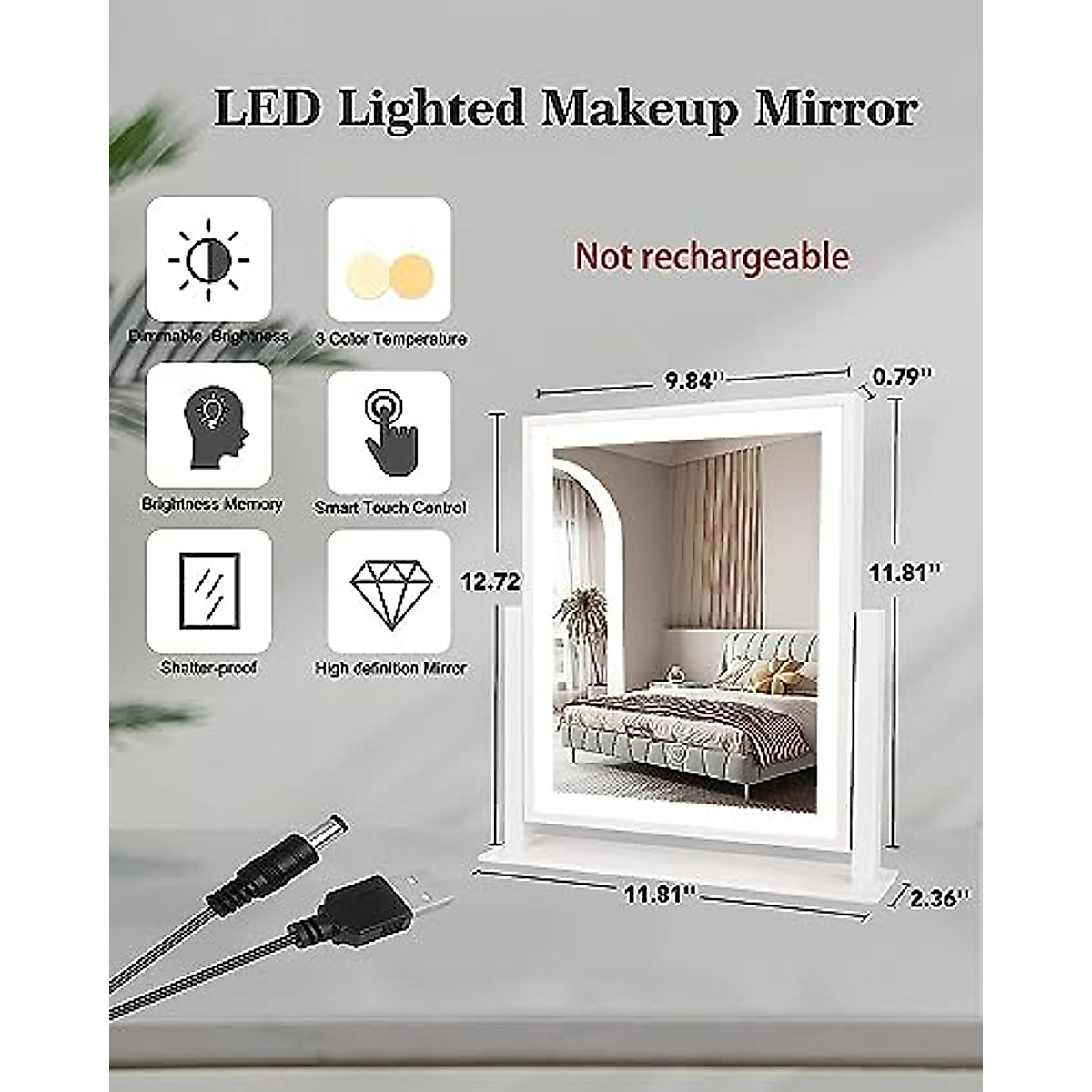 GANAIHQGROWING Classic Vanity Mirror with Lights,13 in Tabletop Lighted Makeup Mirror LED Lights for Over Sink, Smart Touch Control, Stepless Dimmable 3 Colors Lighting Modes