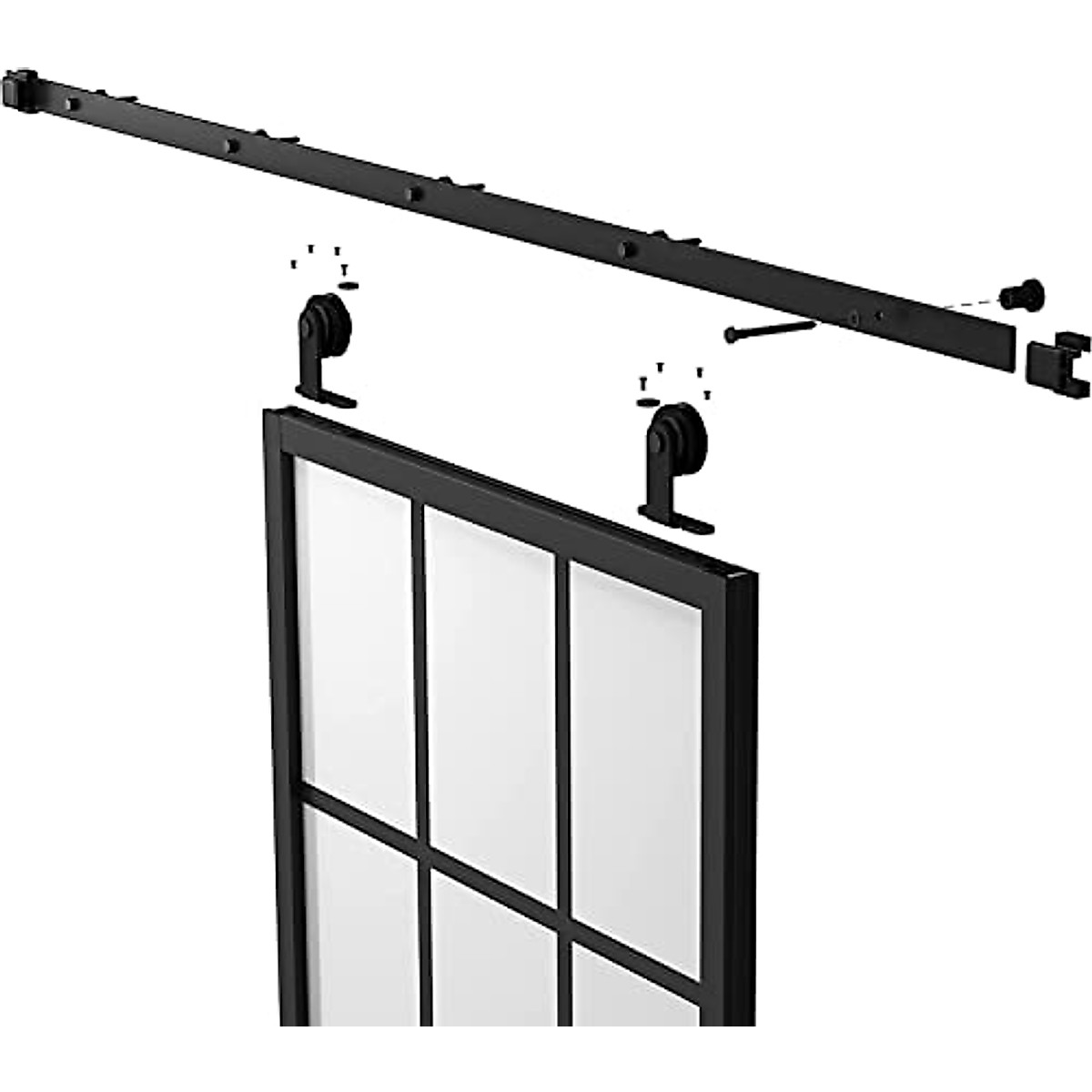 BARNSMITH 30in x 84in Frosted Glass Barn Door with 6FT Top Mounted Hardware kit Include Soft Close Mechanism DIY 15 Lites Modern Aluminum Frame Glass Sliding Barn Door Disassembled Easy Installation