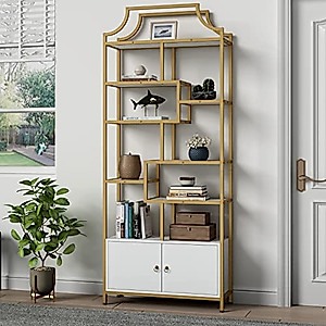 Loomie 8-Open Shelf Bookshelf with Cabinet, 76.77" H Lux Etagere Bookcase, Tall Storage Display Modern Open Book Shelf, Metal Geometric Book Case for Bedroom, Home Office & Living Room, Gold & White
