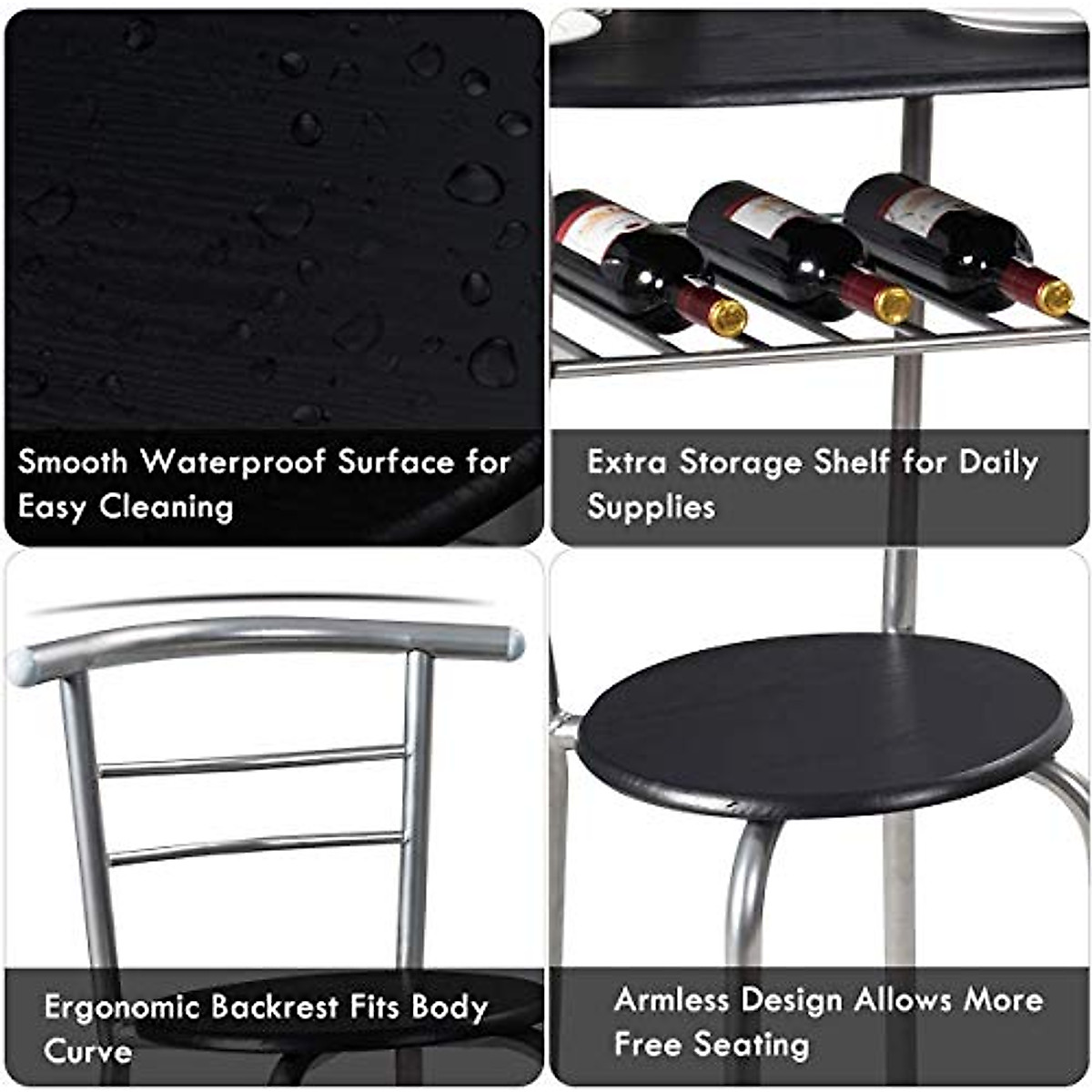 LUARANE 3 Piece Dining Set, Breakfast Table Set w/Metal Frame and Storage Shelf, Compact Table and 2 Chairs Set, for Home Bistro Pub Apartment Kitchen Dining Room Cafe (Black & Silver)