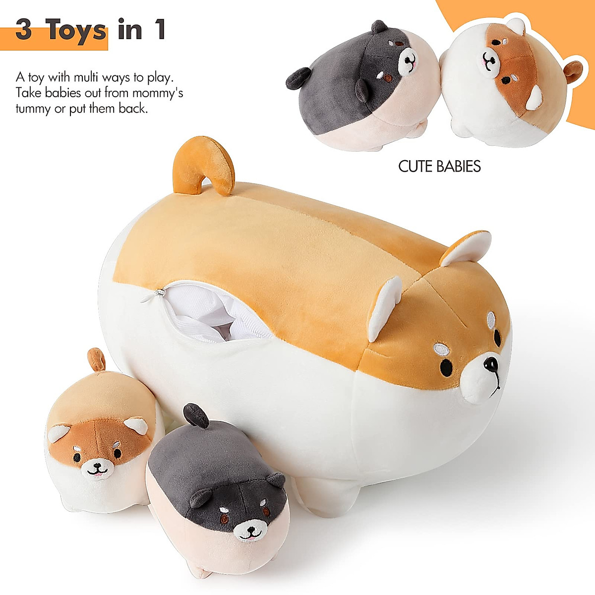 Ditucu Cute Shiba Inu Stuffed Animal Toy Mommy 15.7 inch with 2 Babies 6.2 inch Corgi Akita Dog Plush Pillow Kawaii Plushie Toy Best Gifts for Kids (Shiba Family)
