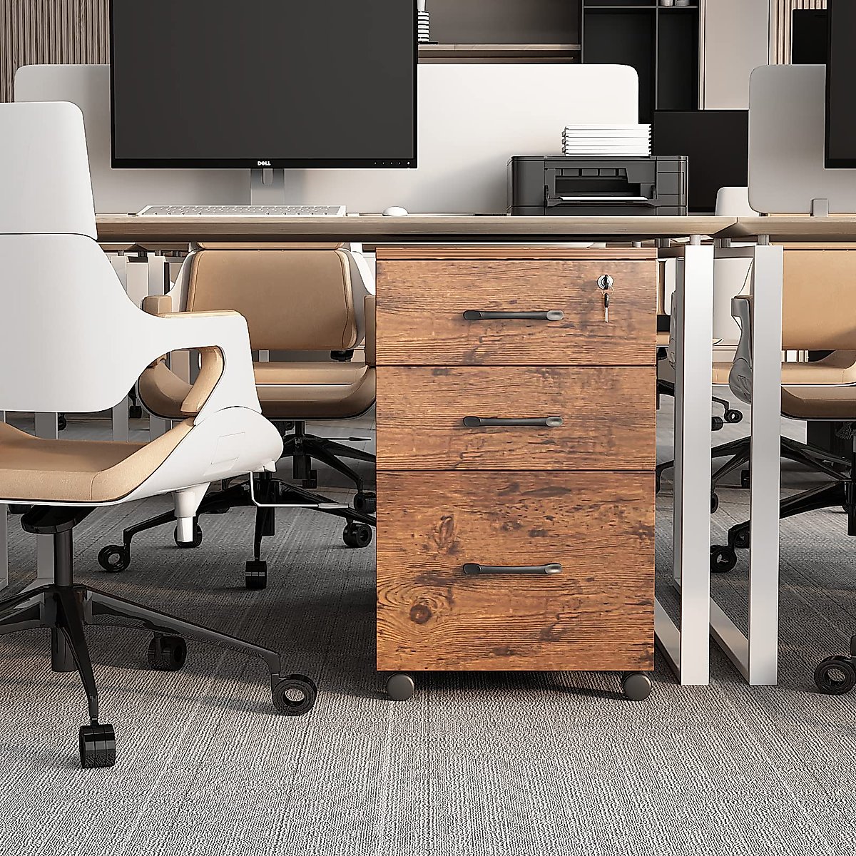 YQ JENMW 3 Drawers File Cabinet, Rolling Mobile Vertical Filing Cabinet with Lock, Wood Under Desk File Cabinet with Wheels for Supplies Files, and Materials,Mobile File Cabinet for Home Office,Brown