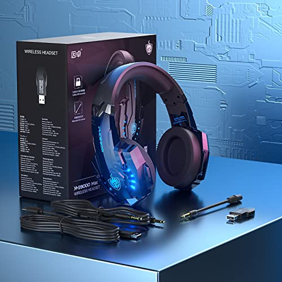 PHOINIKAS Wireless Gaming Headset with Microphone, G9000 2.4G Wireless Headset for PC PS4 PS5 Switch, Over Ear Headphones with 7.1 Stereo Sound, 3.5mm Wired Gaming Headset for Laptop/Phone/Tablet