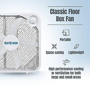 Hurricane Box Fan - 20 Inch, Classic Series, Floor Fan with 3 Energy Efficient Speed Settings, Compact Design, Lightweight - ETL Listed, White