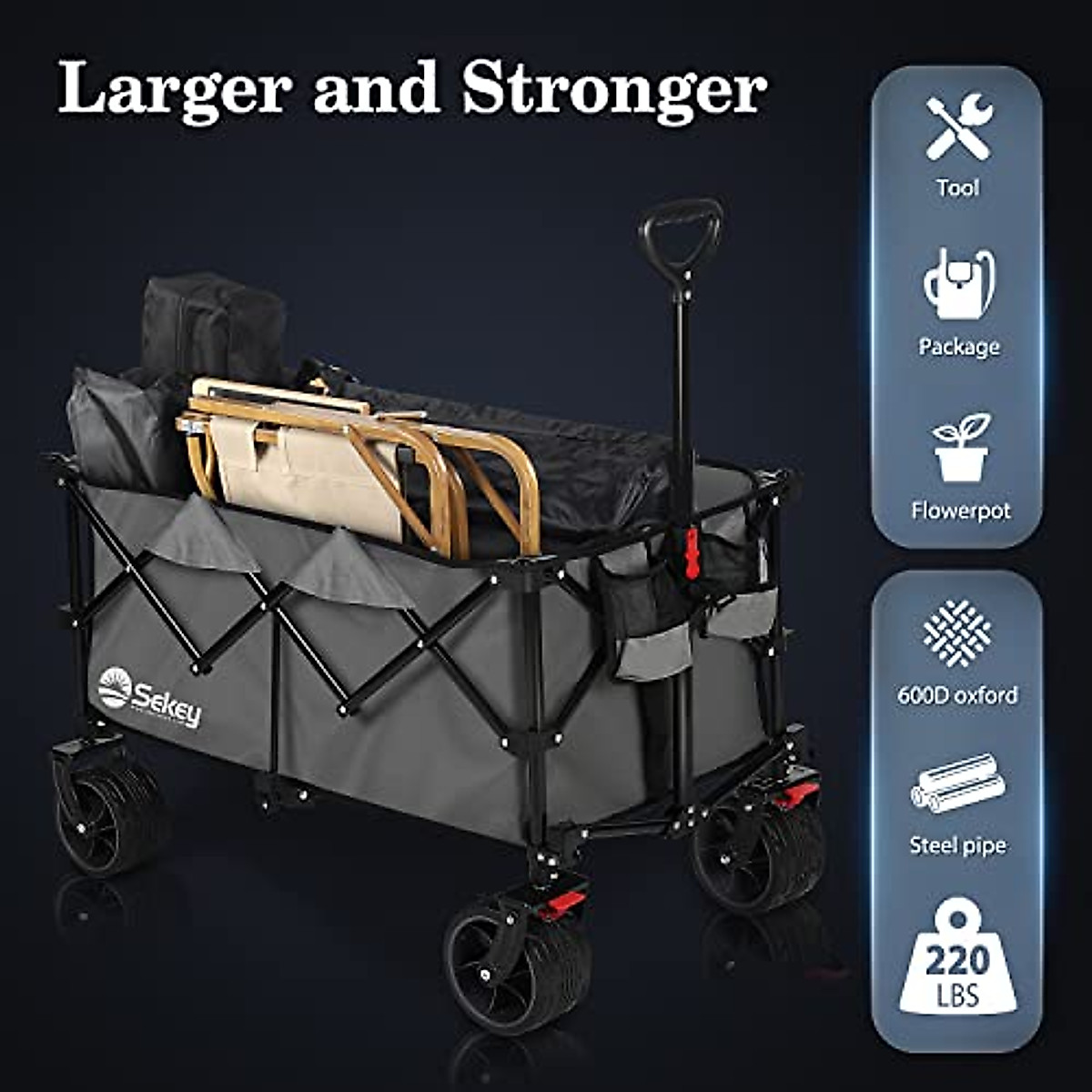 Sekey 220L Collapsible Foldable Wagon with 330lbs Weight Capacity, Heavy Duty Folding Utility Garden Cart with Big All-Terrain Beach Wheels & Drink Holders. Grey