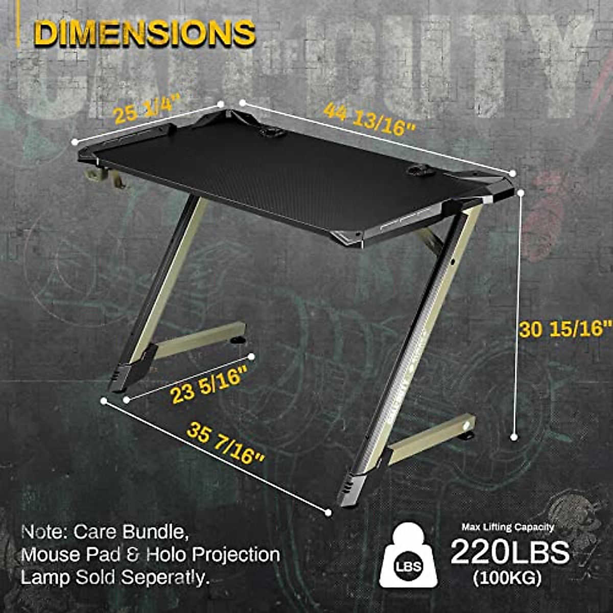 EUREKA ERGONOMIC & Call of Duty UAV Gaming Desk, RGB LED 45 Inch Z Shaped Home Office PC Computer Gamer Table with Fiber Light Dual Headphone Holder Cable Ties for Gamer Gifts, Black & Brass