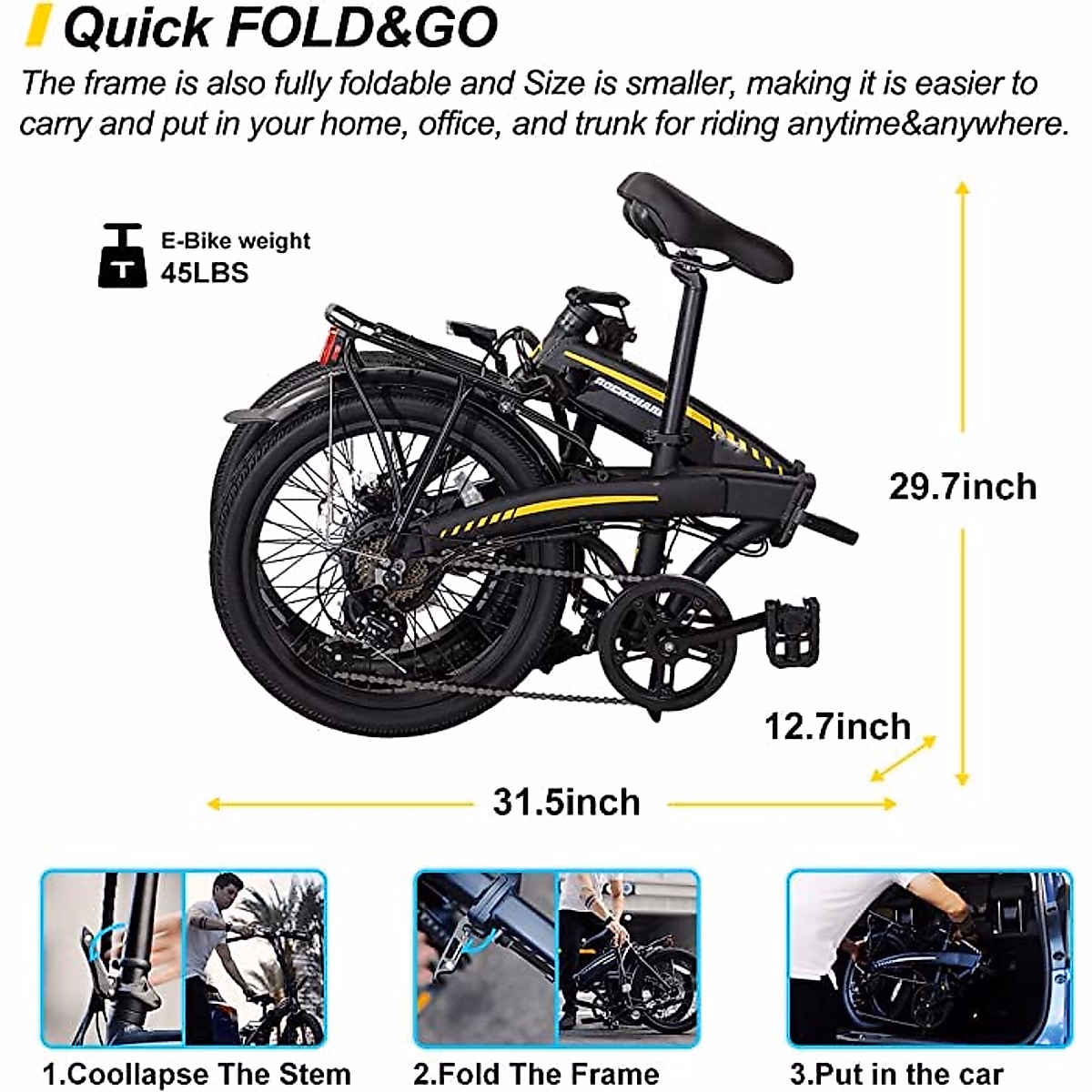 HH HILAND Rockshark 20 inch Folding Electric Bike for Adults with 250W Motor, 36V 7.8AH Removable Battery, Front Light & 7-Speed Electric Bicycles, Urban Ebike Black