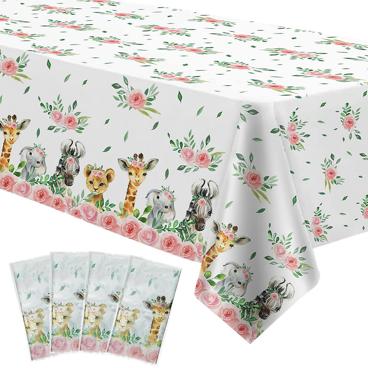 HIPVVILD Safari Tablecloth for Girls - Disposable Jungle Party Tablecover Supplies, Jungle Animal Safari Theme Birthday Baby Shower Table Cloth Decorations - 4 Pack (54in x 108in)