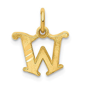 14k Yellow Gold Solid Diamond-cut Unique Initial Letter W Alphabet Charm Brushed Matte Finish Pendant - 17mm x 10mm