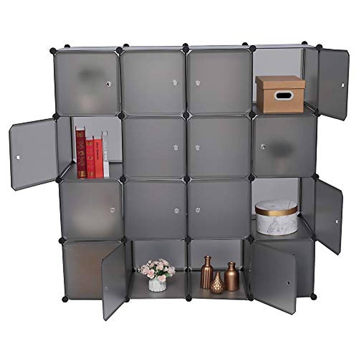 JASOYA modular wardrobe plastic cabinet, 16 cubic wardrobe drawer units, DIY modular wardrobe with doors, can store shoes, books, toys, yarn, gray