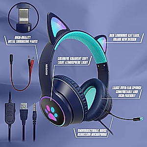 MIDOLA Gaming Wired AUX 3.5mm Cat Ear Headphone Over Ear LED Light Fit Adult & Kids Girl Boy Foldable Stereo Headset Earmuffs with Mic for PC PS4 Game Cellphone Laptop Pad Deep Blue