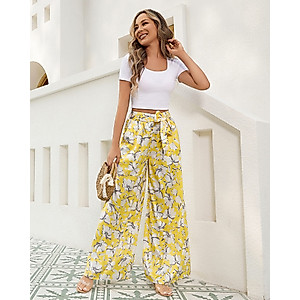 QIANXIZHAN Women's Wide Leg Pants, High Waisted Palazzo Pants Dressy Summer Flowy Casual Lounge Work Dress Pants Trousers Yellow Flower XL