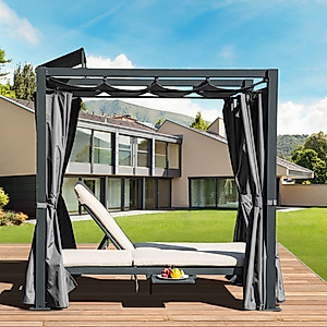 Domi Aluminum Outdoor Patio Daybed with Retractable Canopy Bed, Double Chaise Lounge Outdoor Grey Curtain with Beige Cushion & Cup Holder, for Outside Pool,Garden,Backyard,Lawn