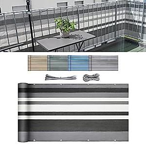 Sekey 2.46'×16.5' Balcony Privacy Screen Balcony Cover HDPE 220 g/m², Slightly Transparent Wind, with Eyelets, Nylon Cable Ties and Cord, Gray Stripes