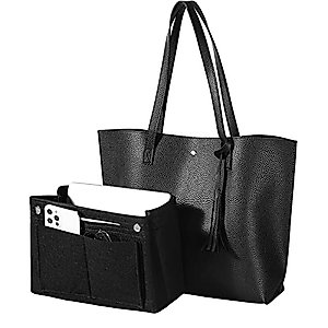 Black Work Tote Handbags for Women Tote Purse with Purse Organizer PU Leather Tote Bag Large Women's Tote Bags and Bag Organizer Insert with Zipper Pouch Lining, Layered Storage for Easy Organization