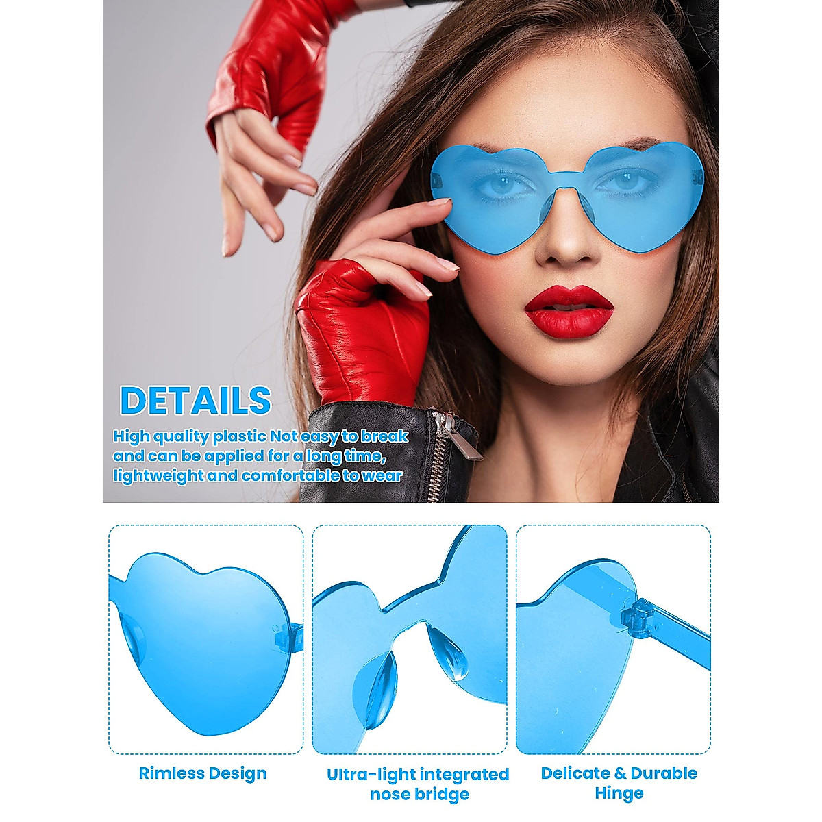 Weewooday 40 Pairs Heart Glasses Rimless Heart Shaped Frameless Sunglasses Transparent Sunglasses Tinted Eyewear(Blue)