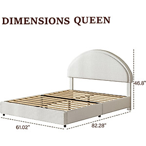 REVOMINCA Queen Bed Frame, Boucle Upholstered Bed Frame with Headboard, Modern Style, Soft Arch Shaped Round Headboard, No Box Spring Required, Easy Assembly, White