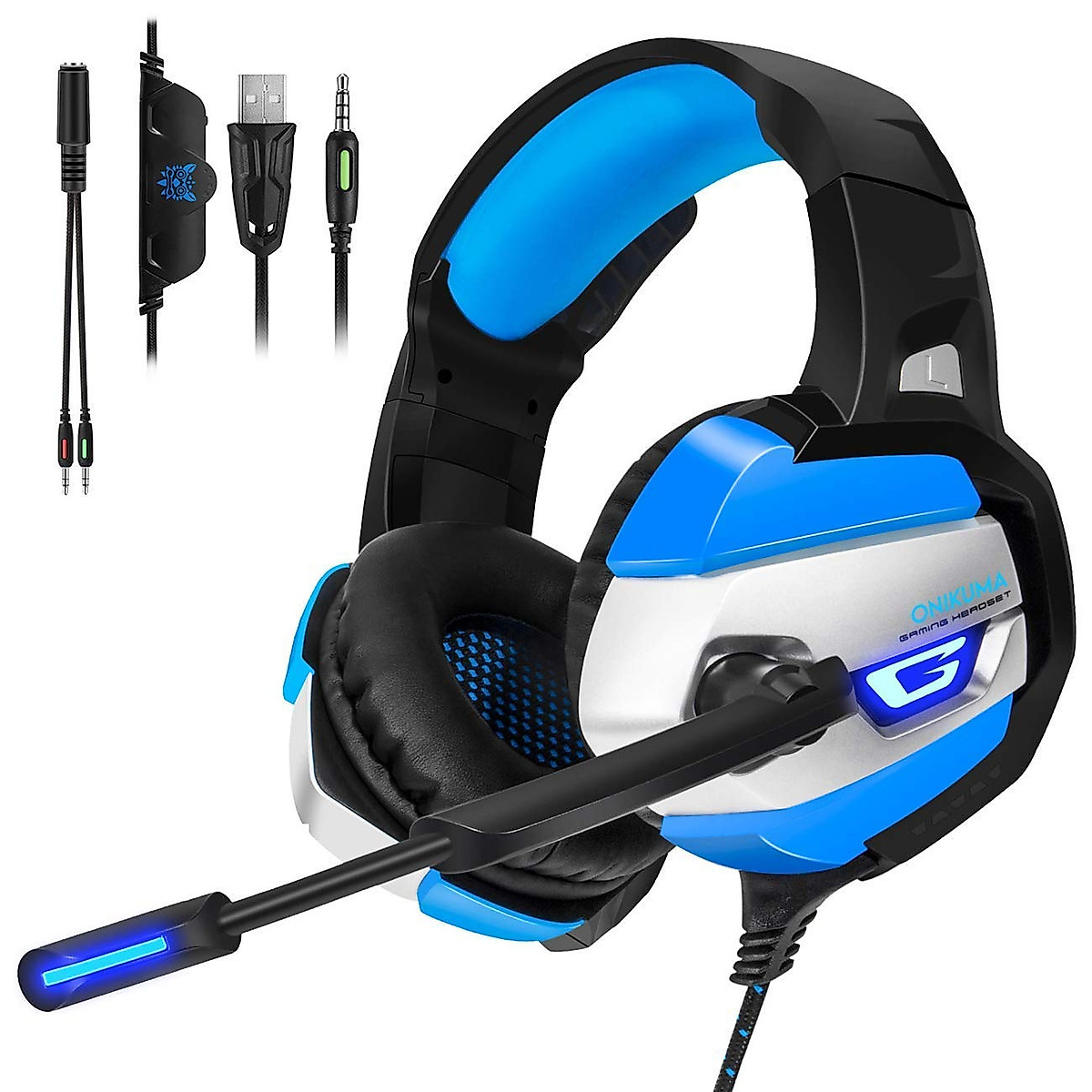 Gaming Headset for PS4 New Xbox one PC Mac Laptop,Onikuma K5 Professional 3.5mm Over Ear Headphones, Stereo USB Headset with LED Light, Noise canceling Mic & Soft Earmuffs for Games by Runying - Blue