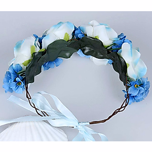 LLinfflr Floral Garland Crown Boho Flower Headband Hair Wreath Floral Halo Headpiece with Ribbon Wedding Party Blue