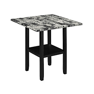 Merax 5 Piece Counter Height Pub Table Set, Dining Table Set Marble Veneer Top Kitchen Table with Bottom Shelf and 4 PU Leather Chairs (Black Chair+Gray Table)