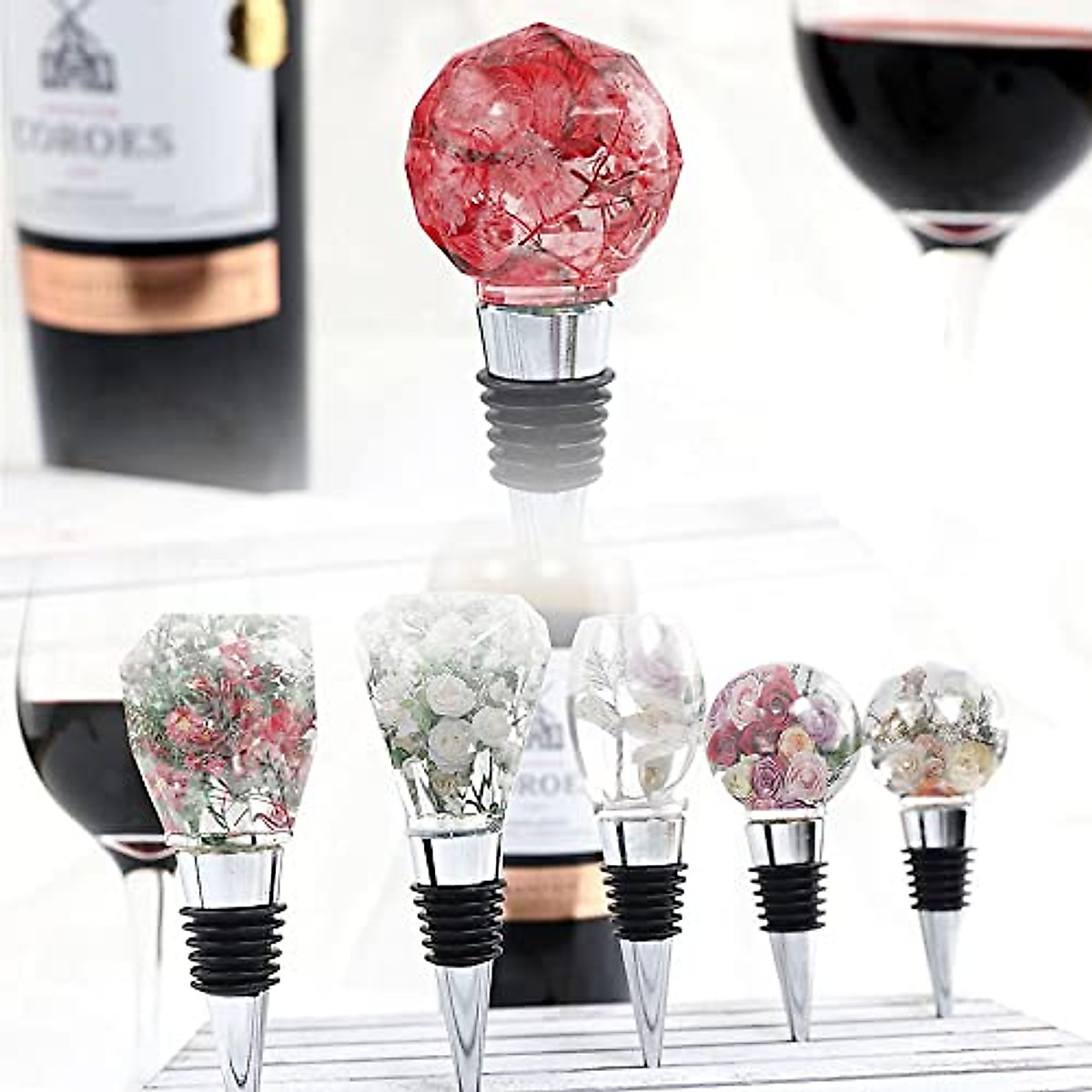 JOFAVIU 10 Pcs Resin Wine Bottle Stoppers Molds Set, Wine Stopper Silicone Molds for Epoxy Resin, Stopper Epoxy Resin Silicone Molds Set Kits (5 Molds with 5 Stoppers)