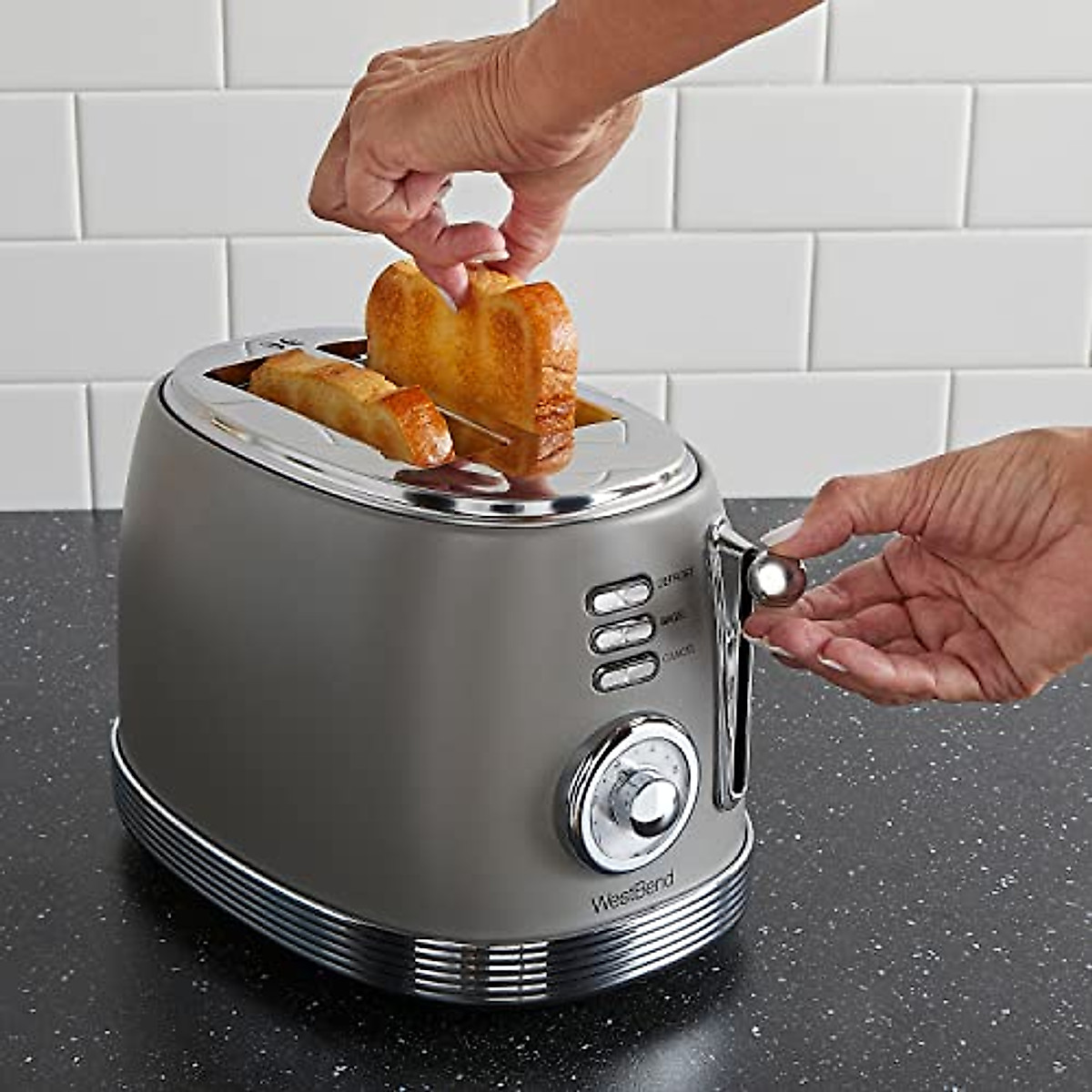 West Bend Toaster 2 Slice Retro-Styled Stainless Steel with 4 Functions and 6 Shade Settings, 850-Watts, Gray
