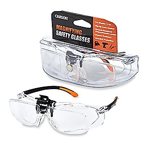 Carson Scratch Resistant Polycarbonate 1.5x Power (+2.5 Diopter) Protective Magnifying Safety Glasses with Clip-on, Flip-Up Lens System, Clear (VM-20)