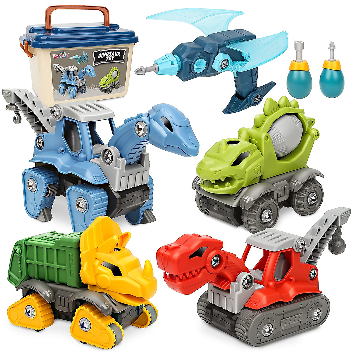 Dreamon Take Apart Construction Toys Truck Set Transforming Dino Truck, STEM Dinosaur Toy with Electric Drill,Educational Gifts for Boys Kids 3 4 5 6 Year Old