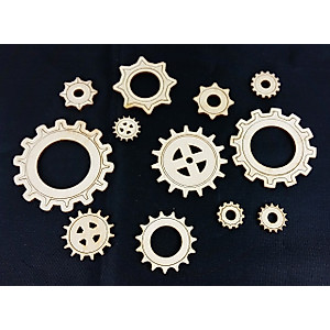 12pc. Set of Wooden Gears - Cool Industrial & Steampunk Design - Laser-Cut Thin Birch Plywood