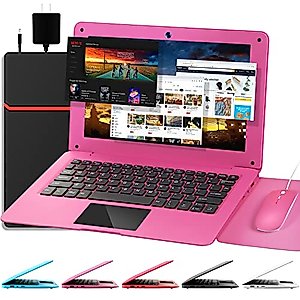 G-Anica Laptop Computer(10.1 inch), Quad Core Powered by Android 12.0, Netbook Computer with WiFi, Webcam and Bluetooth, Mini Laptop with Bag, Mouse, and Mouse Pad for Kids and Adults（Pink）