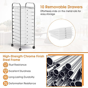 SILKYDRY Rolling Storage Cart with 10 Drawers, Versatile Utility Cart with Wheels for Tool Paper Scrapbook Art Supply, Mobile Craft Organizer Cart for Home Office School (Clear)