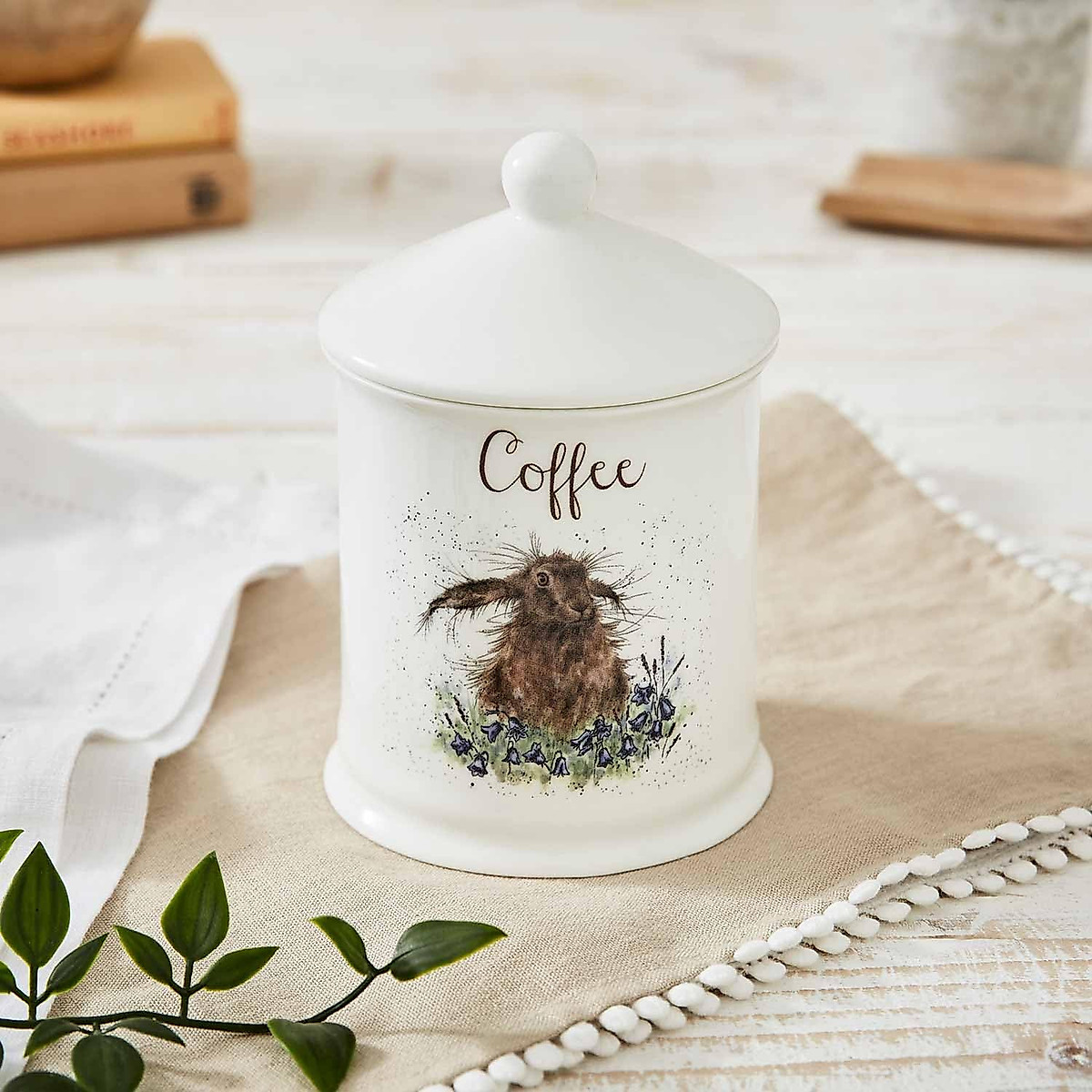 Royal Worcester Wrendale Designs Coffee Canister with Lid | 6-Inch Countertop Coffee Container with Hare Design | Made of Fine Bone China | Dishwasher Safe