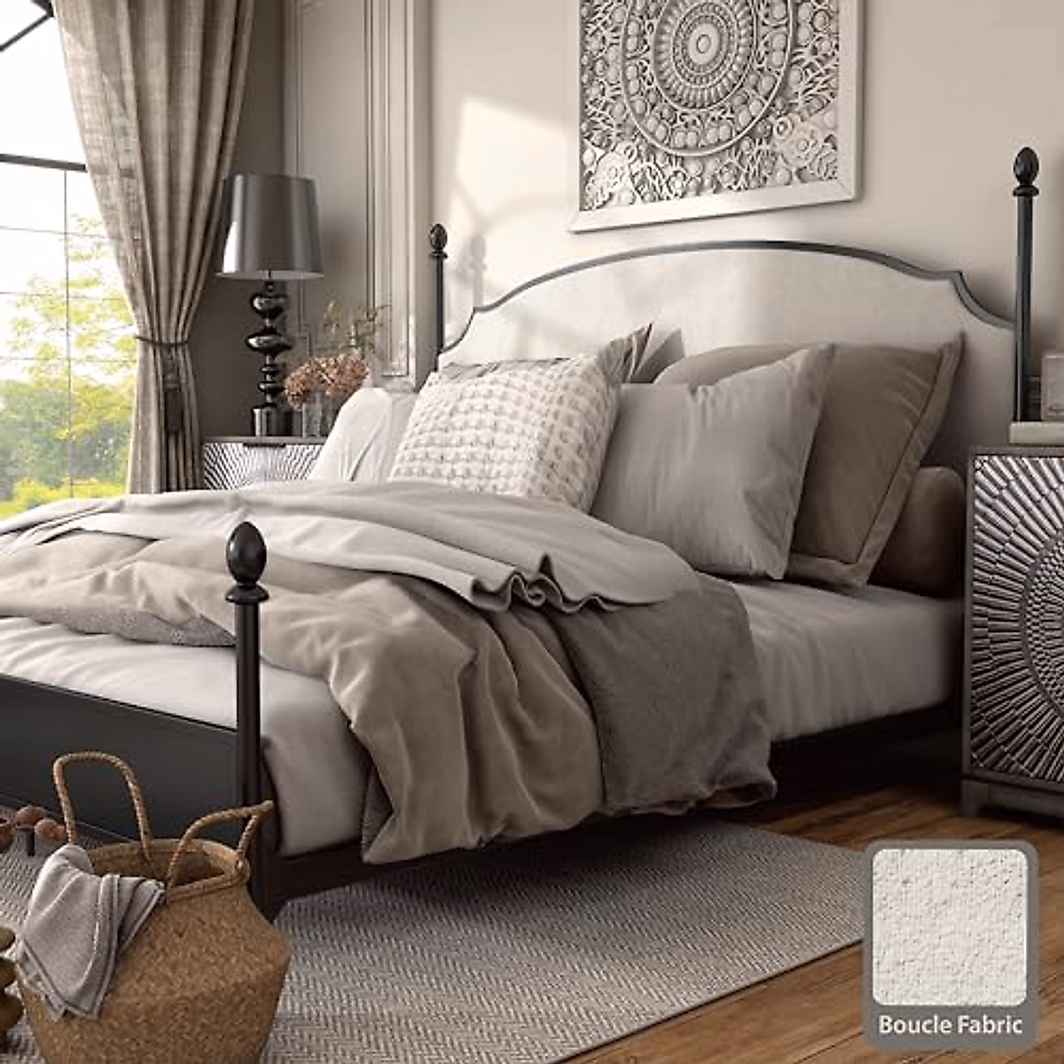 Furniture of America Eleanor Modern Curved Metal Poster Bed King Size with Boucle Fabric Headboard and Panel Style Footboard, Box Spring Required, Gunmetal Black