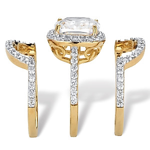 PalmBeach Jewelry Yellow Gold-Plated or Platinum-Plated Sterling Silver Cushion Cut Cubic Zirconia 2 Piece Double Halo Bridal Ring Set Size 7