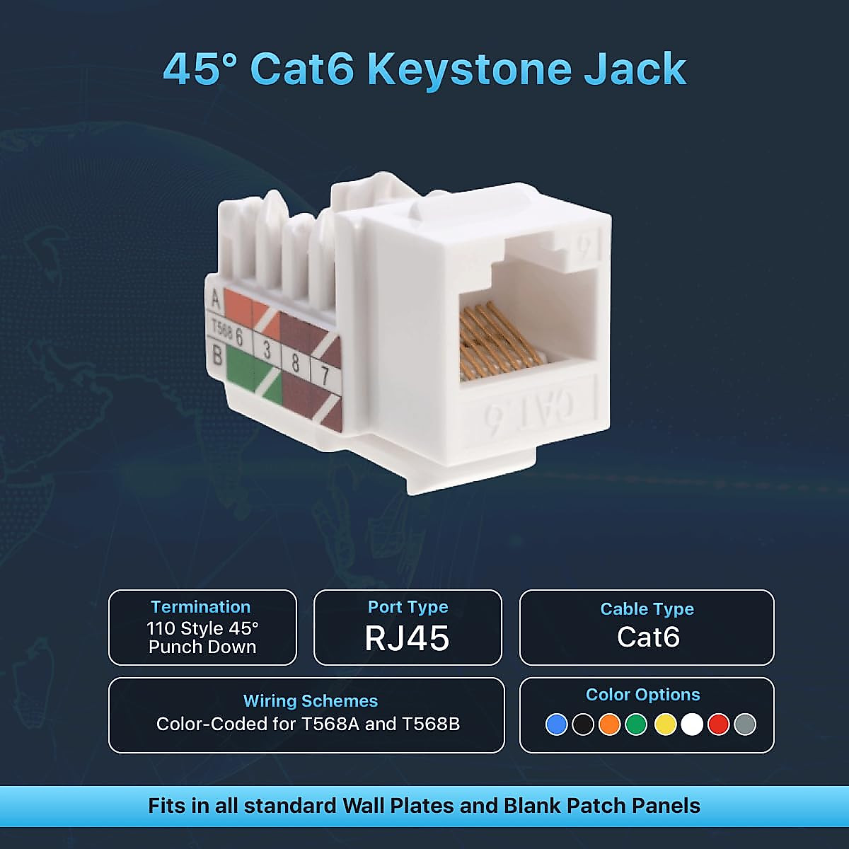 SATMAXIMUM Cat6 Keystone Ethernet Wall Jack Punch Down UTP 45-Degree (Easier Termination Than 90-Degree), RJ45 Slim Profile Speed Termination 45° Angled White (50 Pack)