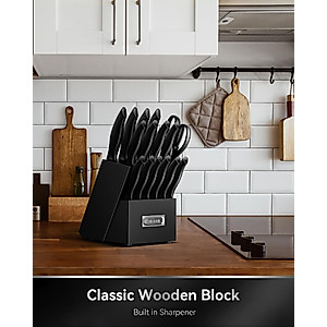 MIDONE Knife Set with Block, 17 Pieces Kitchen Knife Set with Built in Knife Sharpener Block, German Stainless Steel Knife Block Set, Elegant Black
