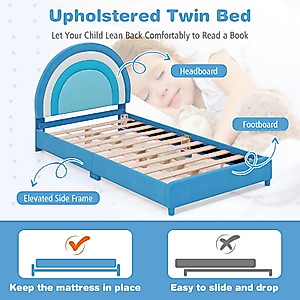 Costzon Twin Bed Frames for Kids, Upholstered Wooden Kids Bed w/Adjustable Headboard, Slats Support, 660 LBS Weight Cap, No Box Spring Needed, Easy Assembly, Twin Platform Bed Frame (Blue Rainbow)