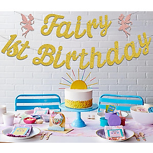 Fairy 1st Birthday Banner, Cute Fairies 1st Birthday Party Decorations, Flower Fairy Girl Happy First Birthday Anniversary Baby Shower Party Supplies Gold Rose Gold