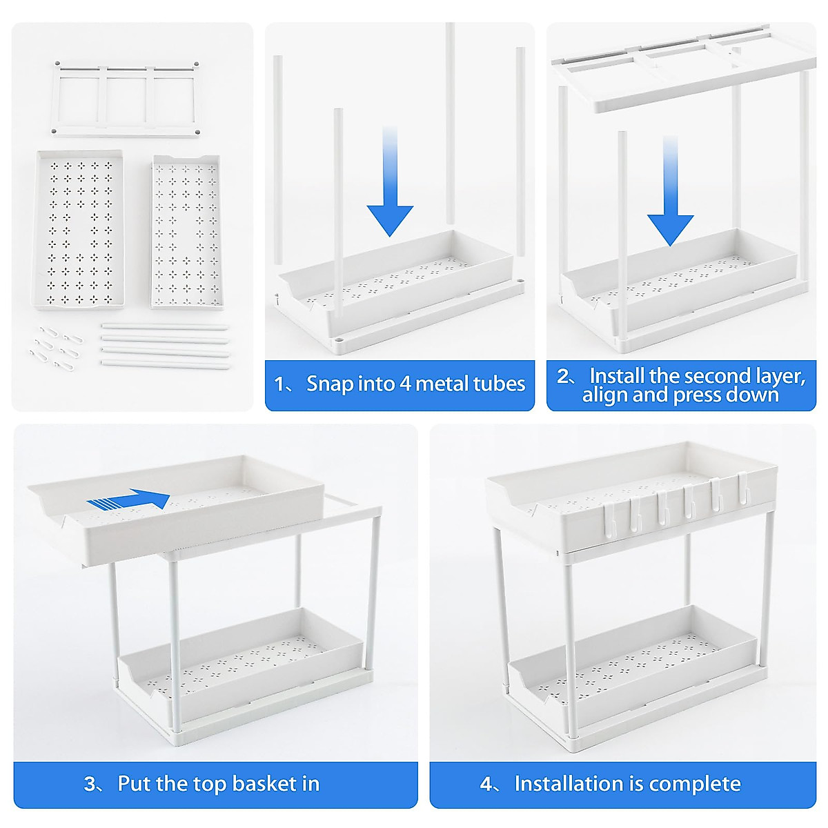 2-Tier Under Sink Organizer Storage, Double Sliding Under Cabinet Basket Organizer with 2 Pull Out Drawers & 4 Hooks, Multi-Purpose Under Shelf Organizer for Bathroom Kitchen (White, 2 Pack)