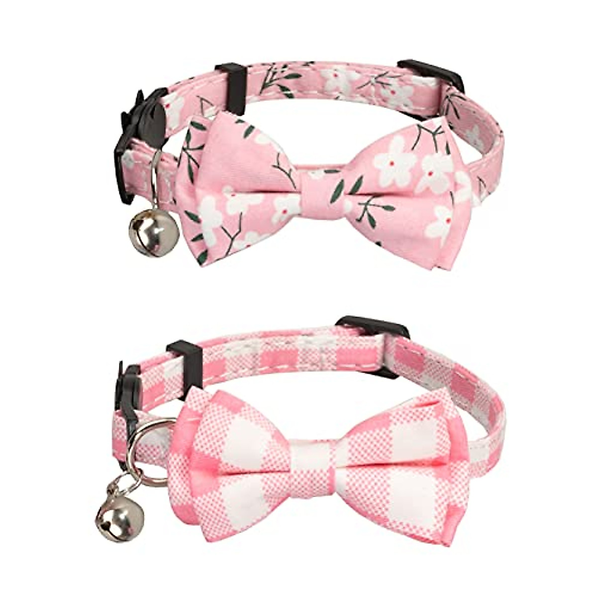 Gyapet Pink Cat Collar Breakaway Safety with Bell Bow Tie Pack in 2 Plaid Flower Pattern Kitten 7-11in Pink Flower & Plaid