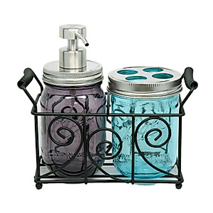 Mason Jar Lifestyle Caddy for 2 Pint Mason Jars with Swirl Design and Black Wire Handles