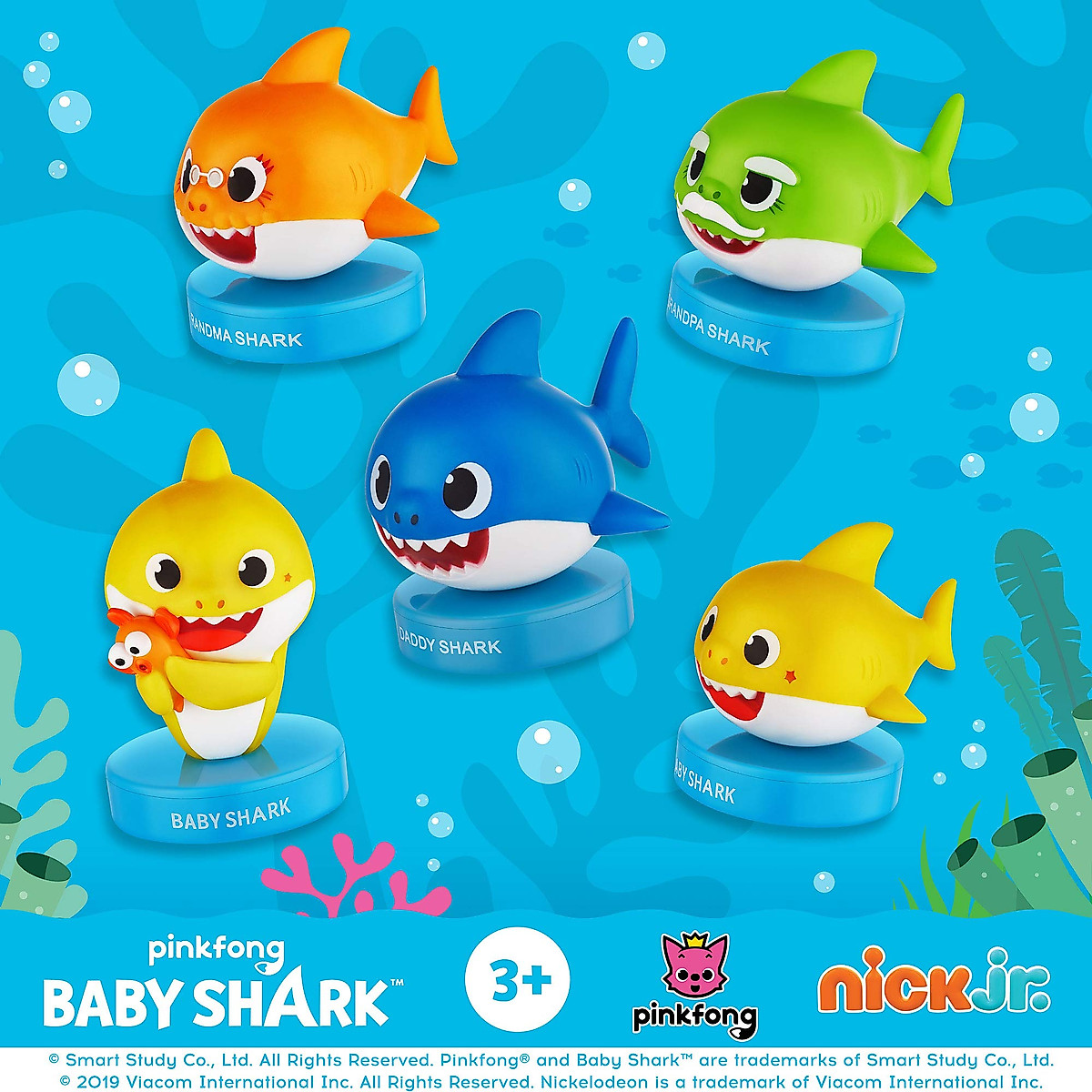 Baby Shark Toy Stampers Set of 5 – Self-Inking Baby Shark Toys, Action Figures, Party Decor, Birthday Party Supplies, Cake Toppers – Parent, Baby, Grandparent Sharks and William - Party Decor (B)